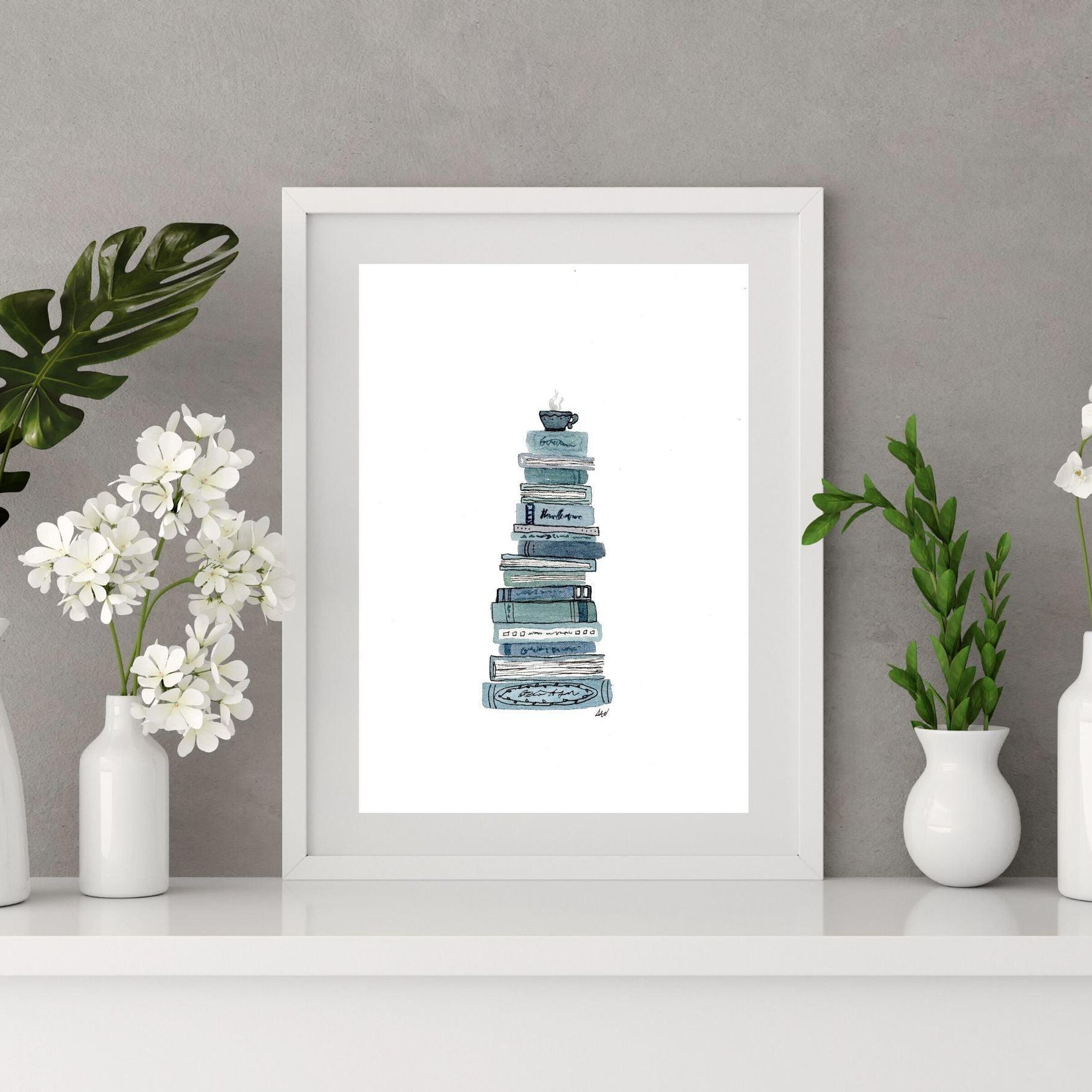 Book Stack - Pen and Watercolor Archival Art Print – alyssawhetstoneart