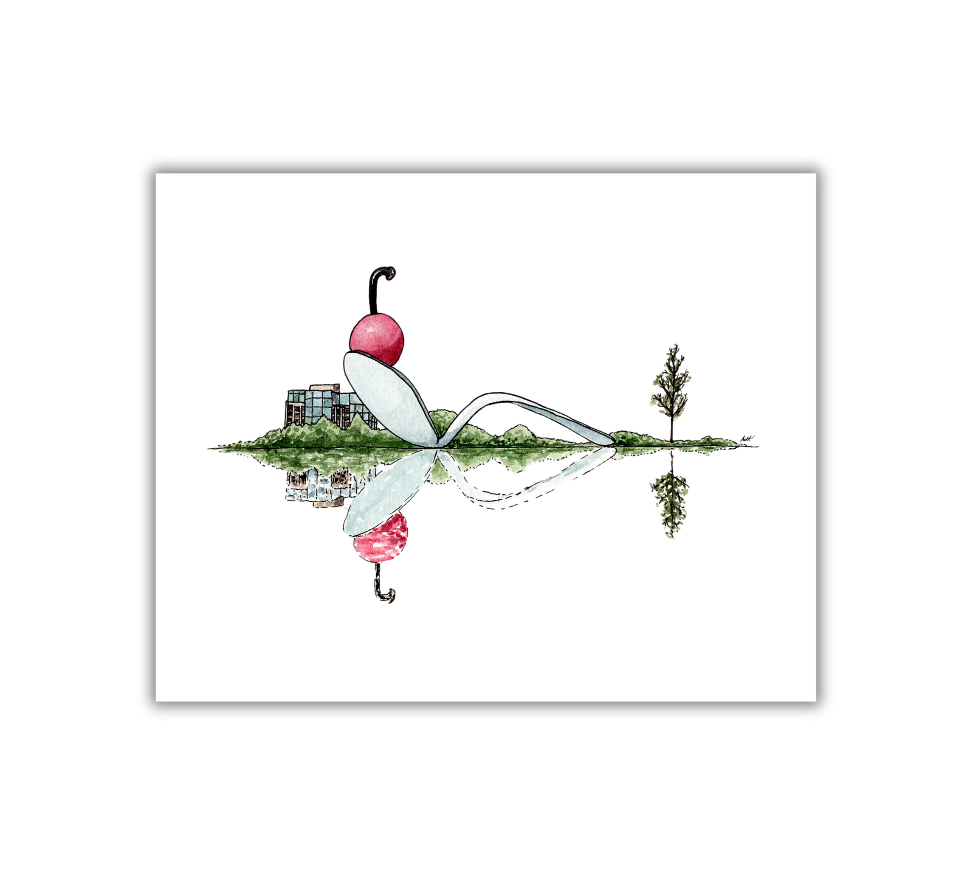 Cherry and Spoon Reflection - Pen and Watercolor Art - Archival Qualit ...